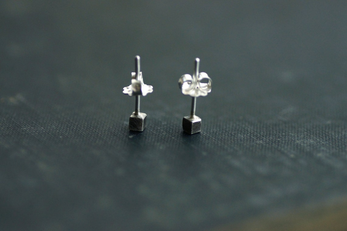 Sterling Cube Earrings Brushed Antique Silver | Etsy