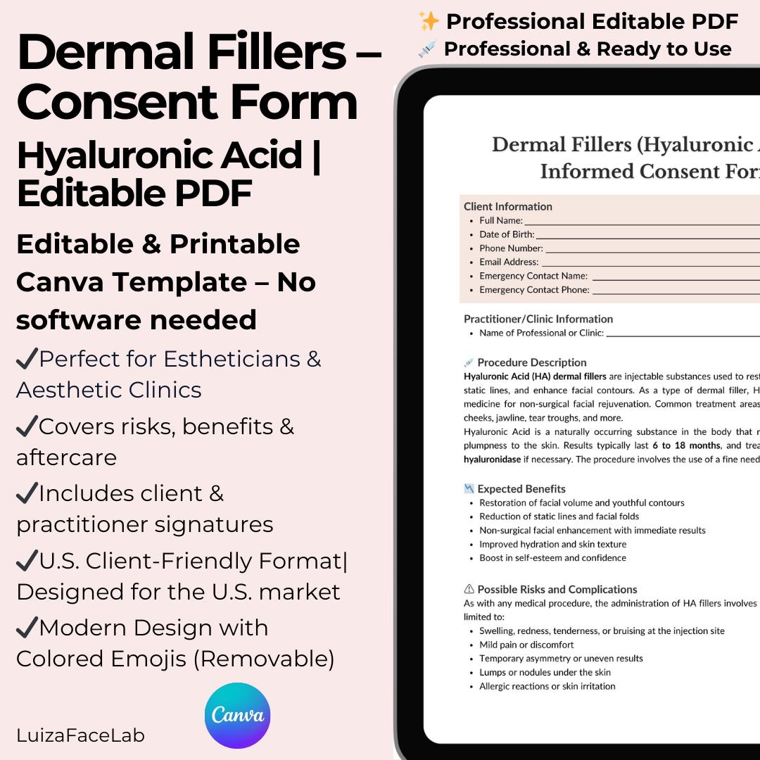 Dermal Filler Consent Form | Hyaluronic Acid | Editable Printable PDF ...
