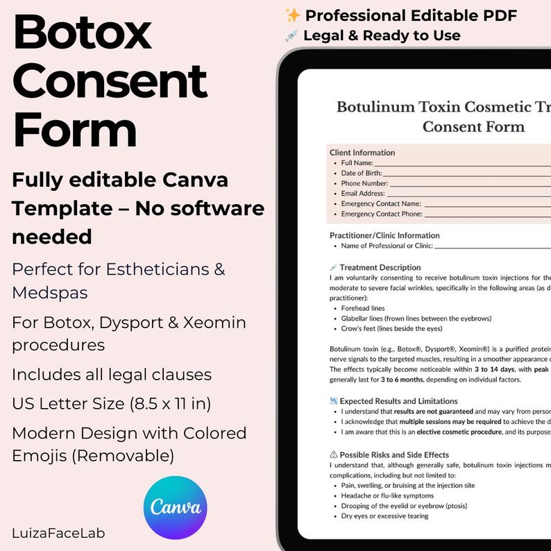Botox Consent Form | Editable Canva Template for Estheticians & Medspas ...