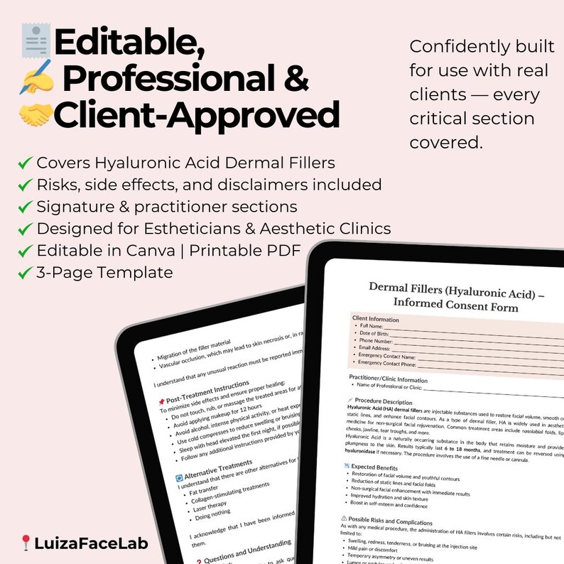 Dermal Filler Consent Form | Hyaluronic Acid | Editable Printable PDF ...