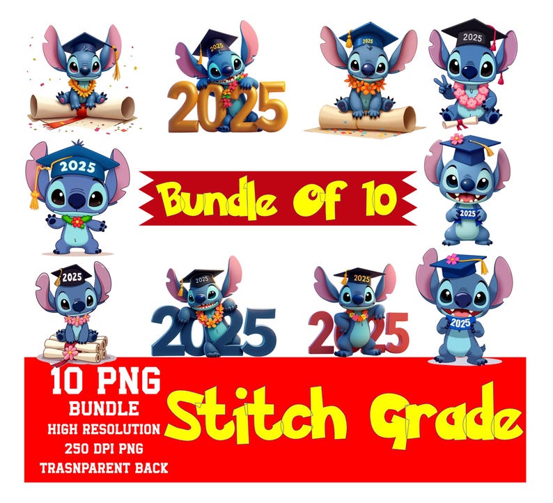 Bundle OF 10 Stitch Graduation Clipart, Stitch Character PNG Collection ...