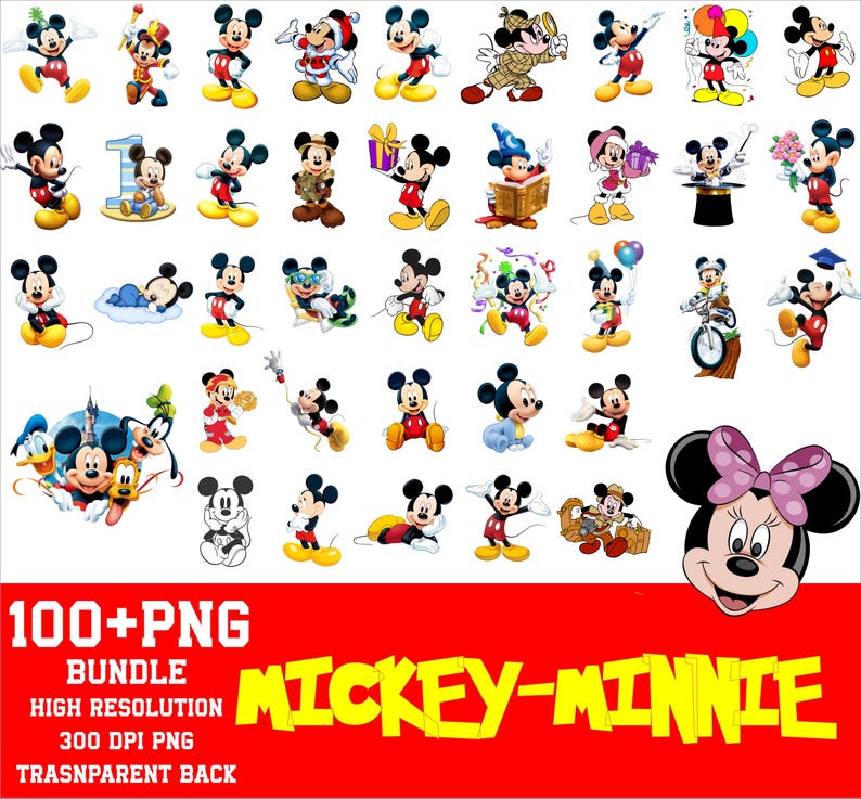 100+ Mickey Mouse Bundle, 300 Dpi High Resolution PNG, Minnie Mouse PNG ...