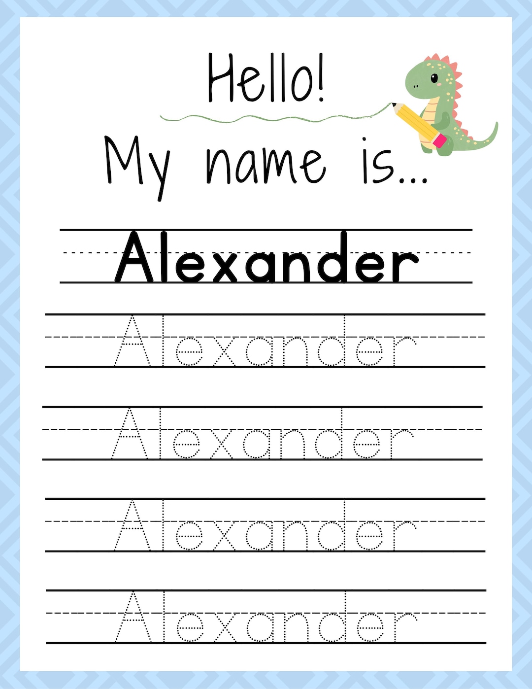 Blue Custom Name Tracing Worksheet With Dinosaur, Personalized DIGITAL ...