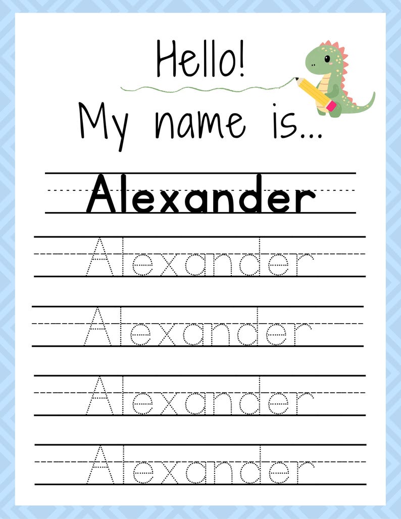 Blue Custom Name Tracing Worksheet With Dinosaur, Personalized DIGITAL ...
