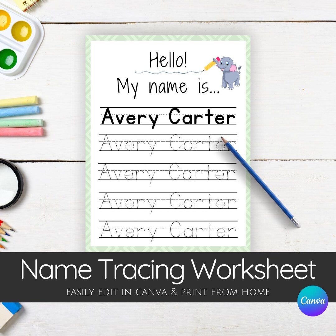 Green Custom Name Tracing Worksheet With Elephant, Personalized DIGITAL ...