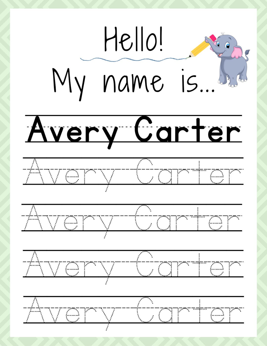 Green Custom Name Tracing Worksheet With Elephant, Personalized DIGITAL ...