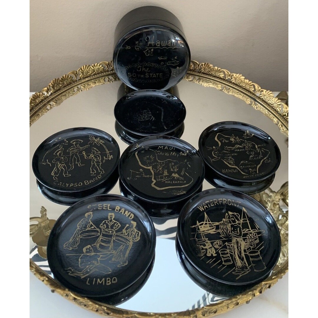 Hawaii the 50th State Set of 6 Black Plastic Drink Coasters & Case Gold ...