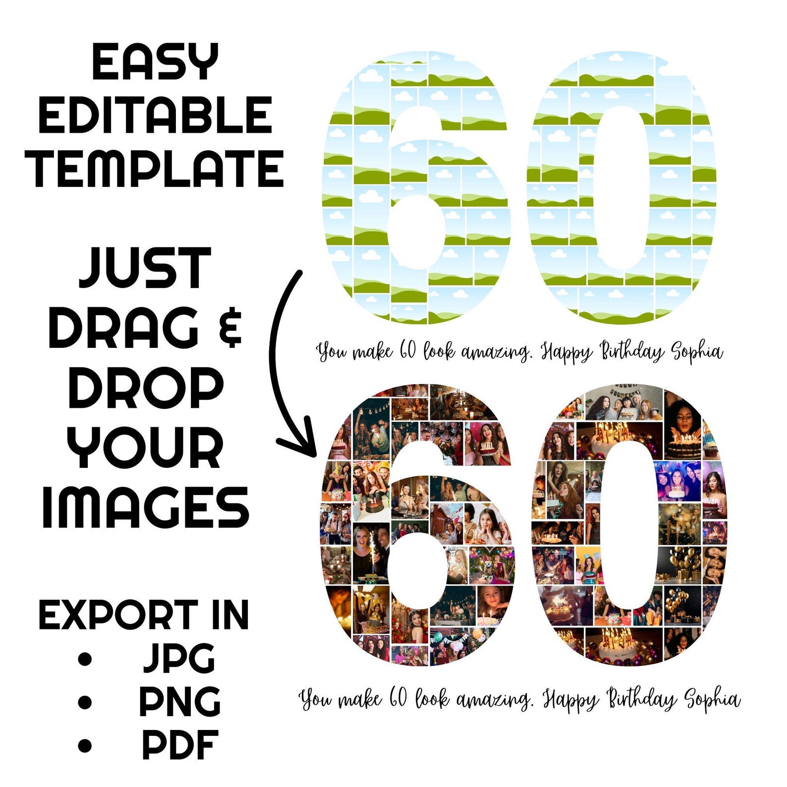 60th Birthday Photo Collage Template, Number 60 Collage, 60th Collage ...