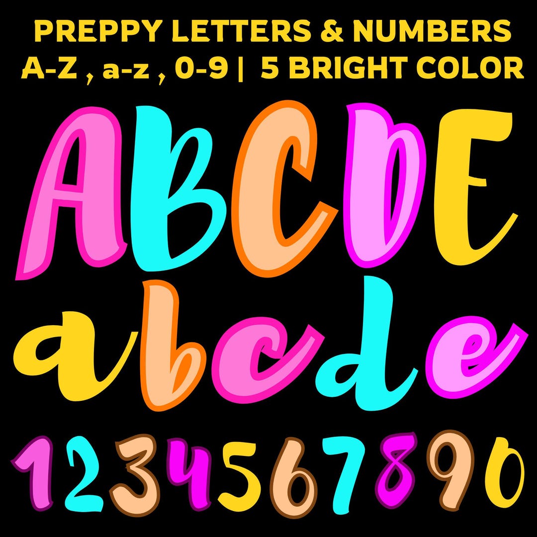 Preppy Letters and Numbers PNG Bundle, Bright Doodle Alphabet Clipart ...