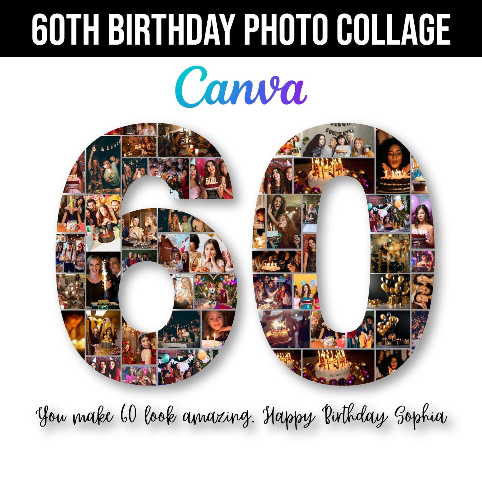 60th Birthday Photo Collage Template, Number 60 Collage, 60th Collage ...