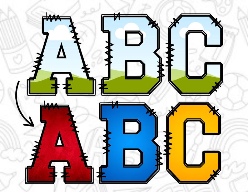 Varsity Canva Frame Doodle Alphabet UPPERCASE and Numbers, Editable ...