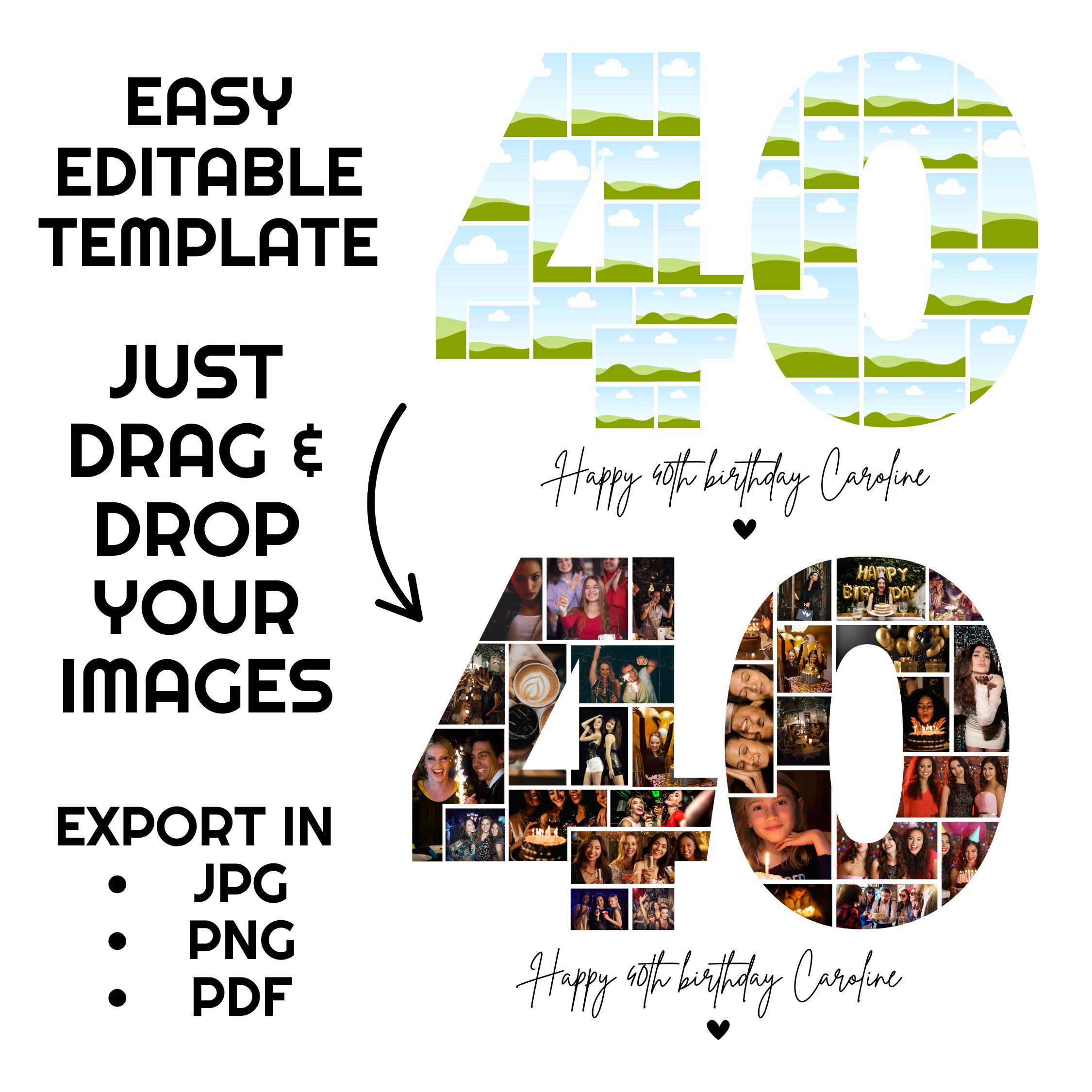 40th Birthday Photo Collage Template, Number 40 Collage, 40th Collage ...