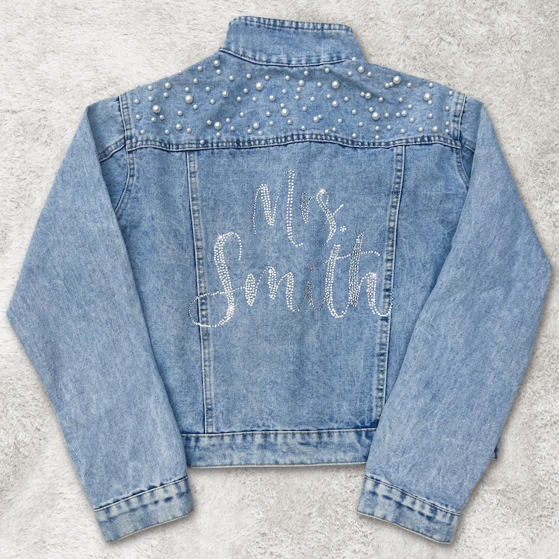 Embellished Bride Denim Jacket: Rhinestone Lettering, Custom Mrs Design ...