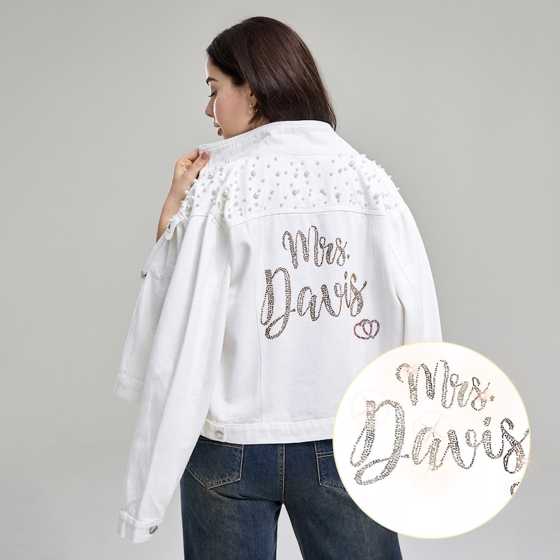 Embellished Bride Denim Jacket: Rhinestone Lettering, Custom Mrs Design ...