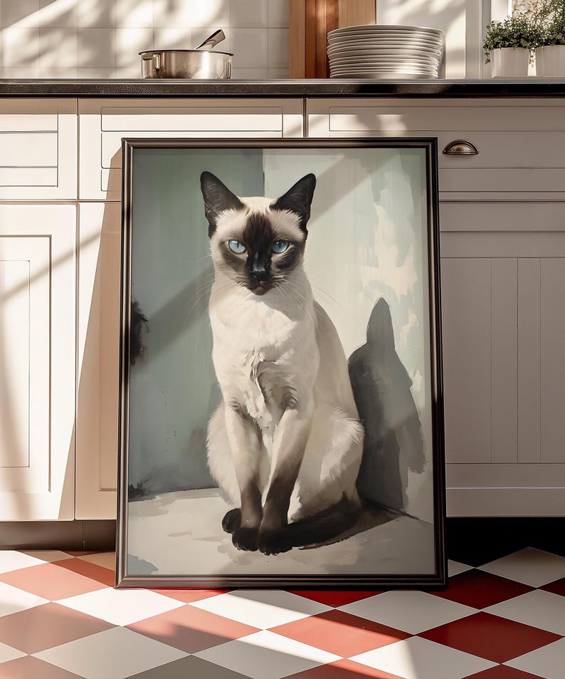 Siamese Cat Portrait Digital & Printable Wall Art, White/black Cat Painting for Farmhouse Decor ...