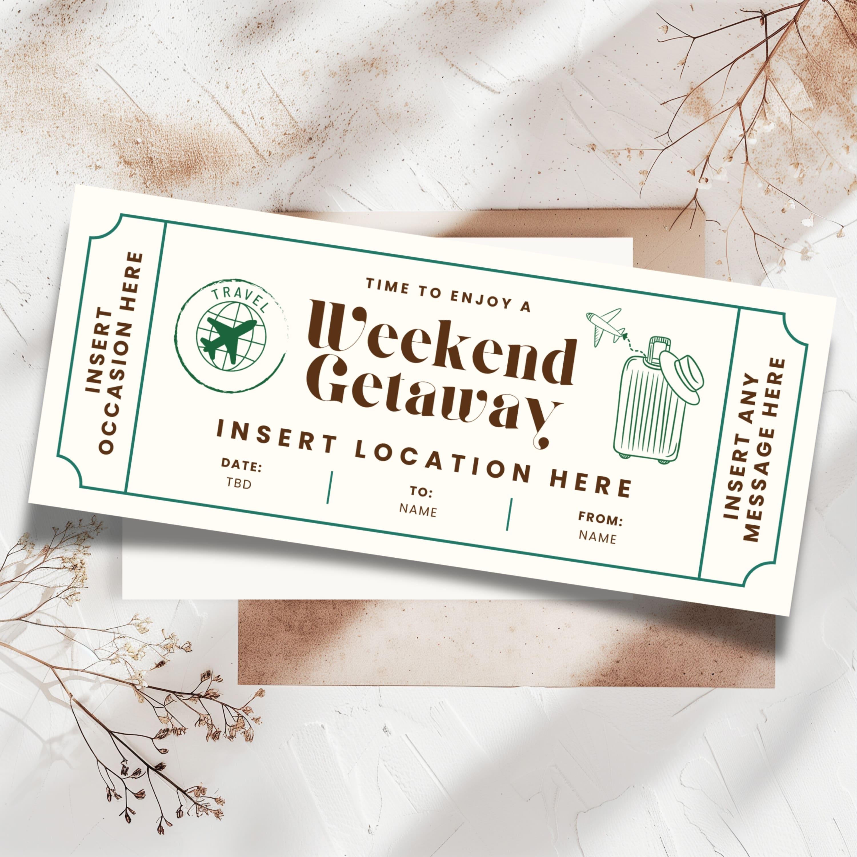 Weekend Getaway Voucher Template, Cabin Getaway Ticket, Holiday Trip ...