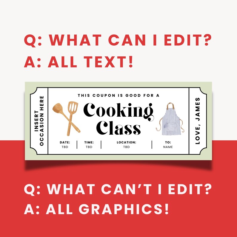 Cooking Class Ticket Template, Editable Cooking Class Coupon, Custom Cooking Lessons Gift ...