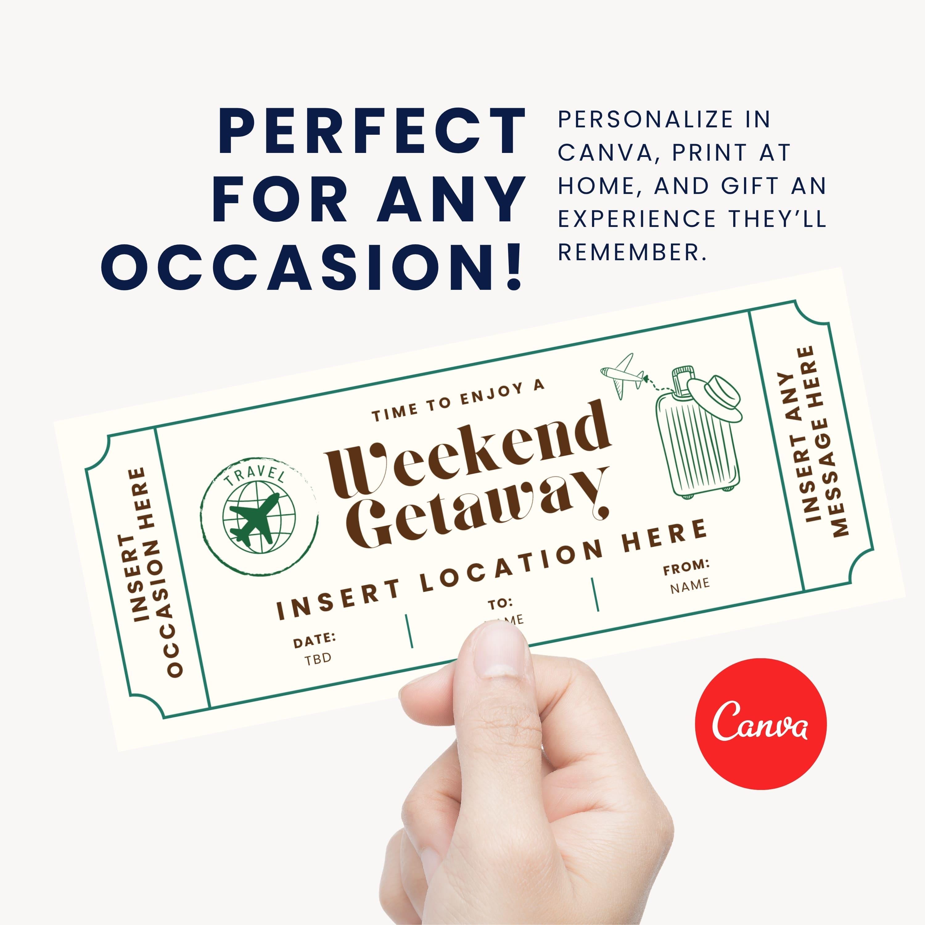 Weekend Getaway Voucher Template, Cabin Getaway Ticket, Holiday Trip ...