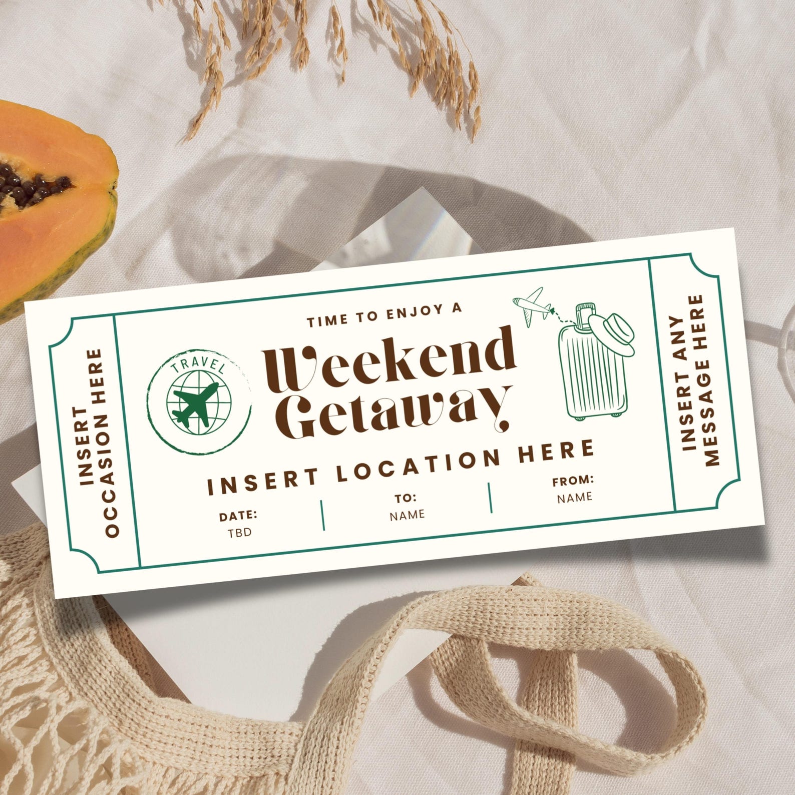 Weekend Getaway Voucher Template, Cabin Getaway Ticket, Holiday Trip ...