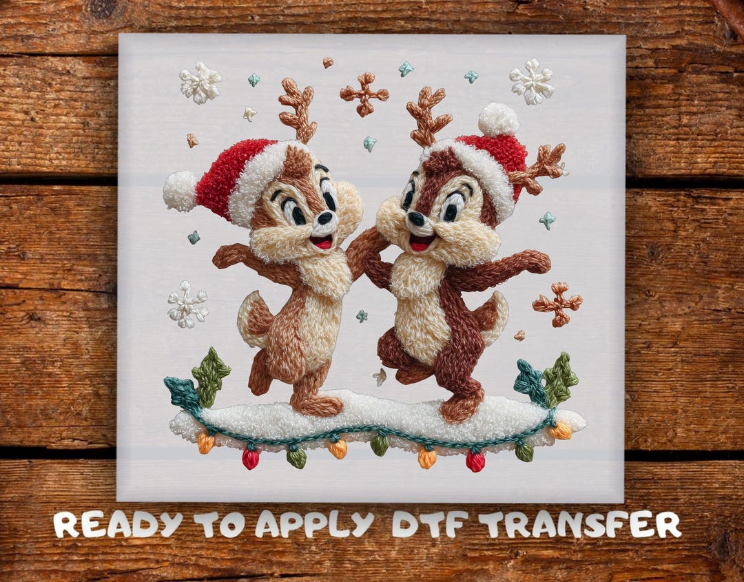 Chip & Dale Christmas DTF Transfer – Embroidered Look, Santa Hats ...