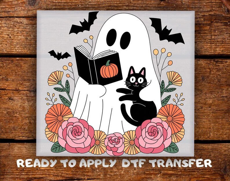 Ghost Reading Book DTF Transfer • Floral Halloween Design With Black ...