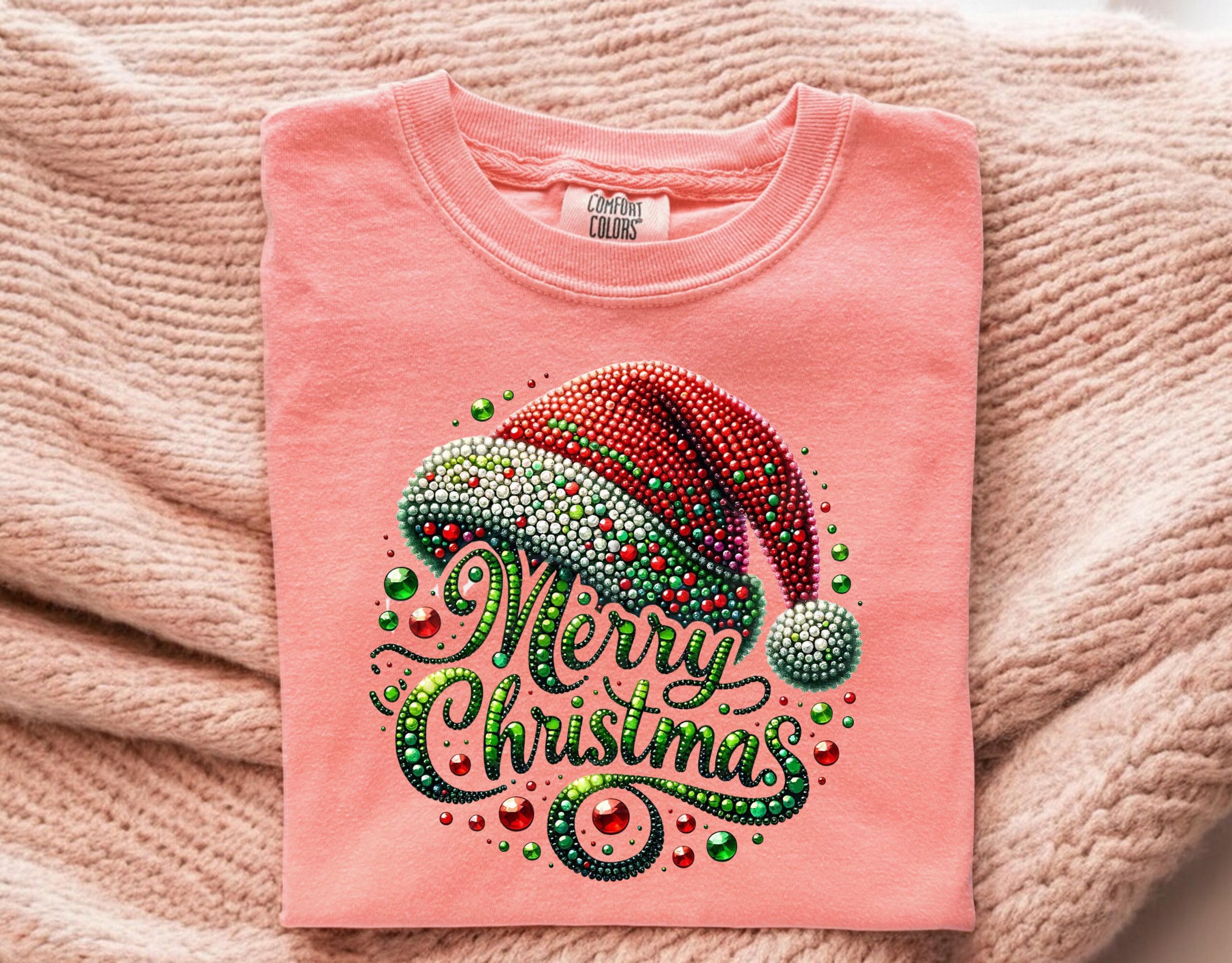 Rhinestone Merry Christmas DTF Transfer • Sparkly Santa Hat Beaded ...