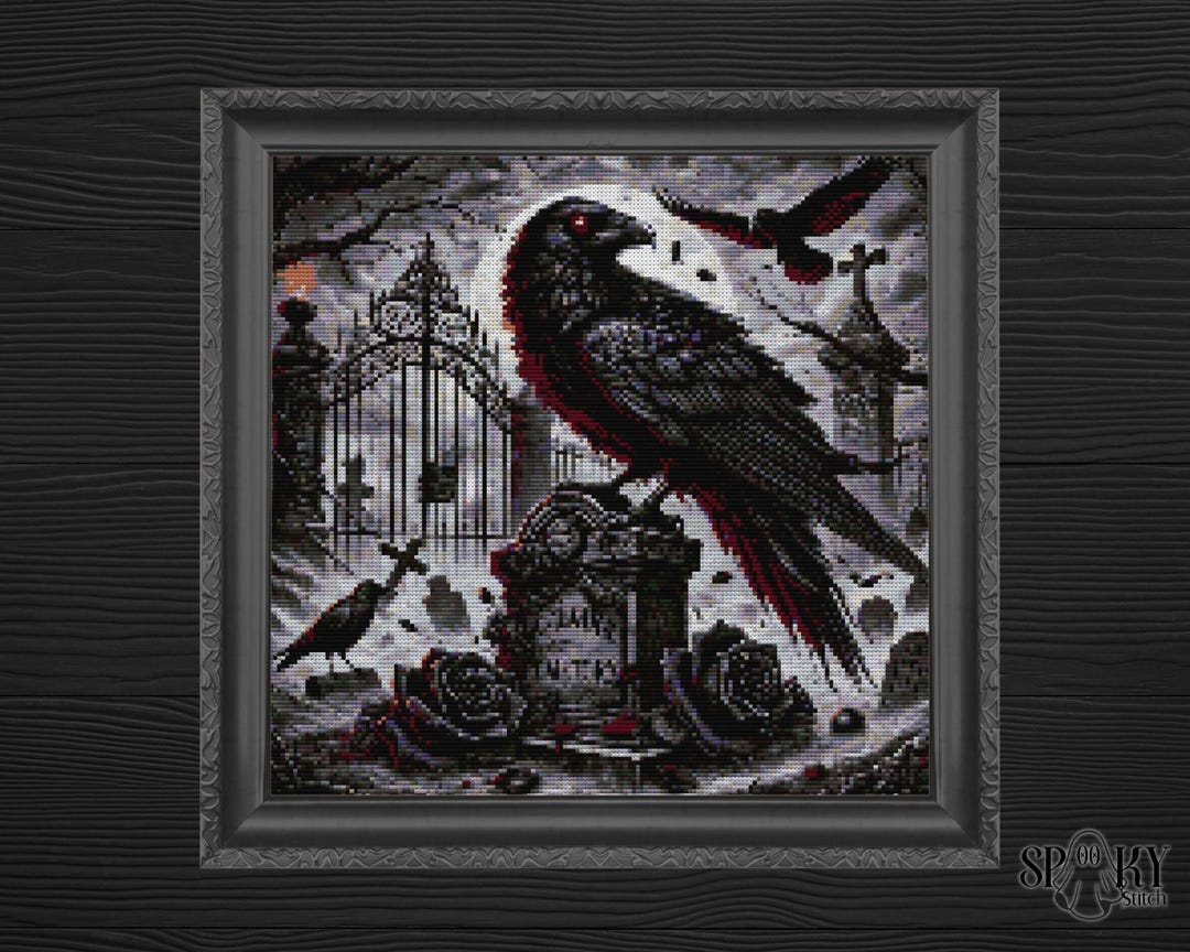 Gothic Raven Cross Stitch Pattern | Dark Crow in Graveyard Embroidery ...