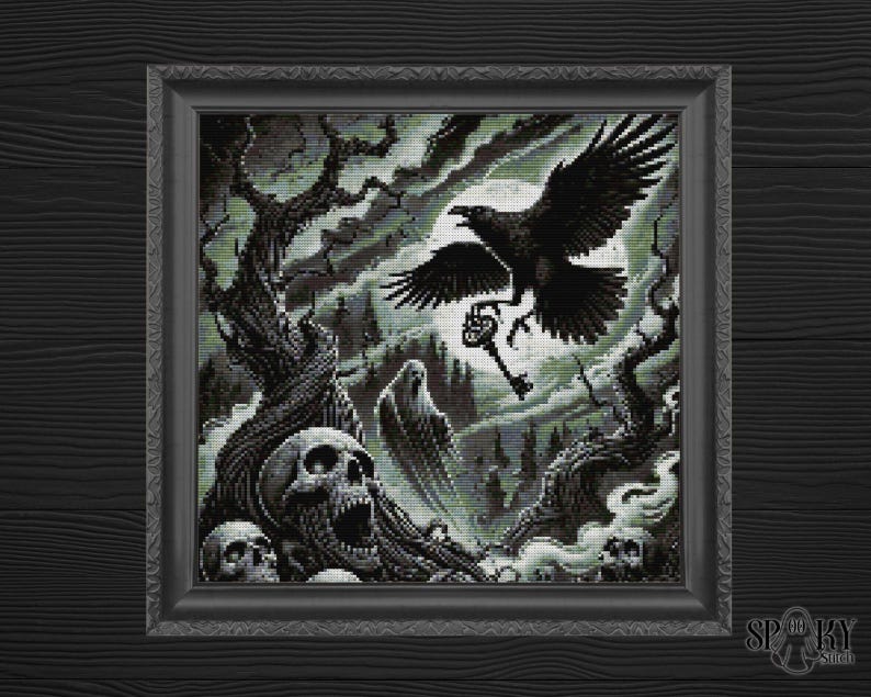 Gothic Raven Key Cross Stitch Pattern | Haunted Forest Skull Embroidery ...