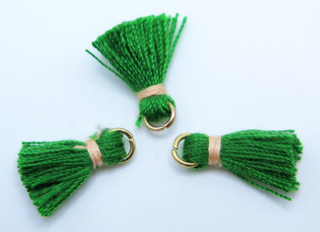 Green Tassels Small Cotton Tassels Gold Toned Jump Ring Etsy