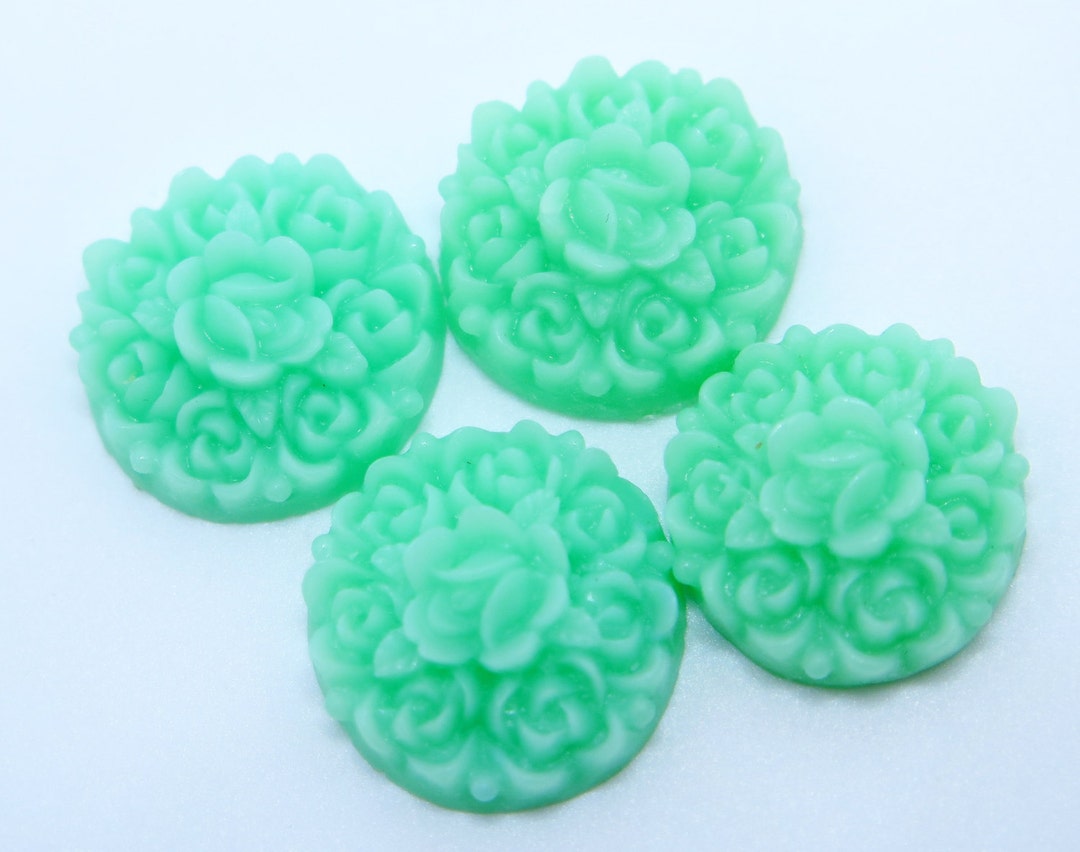 Mint Flowers, 17mm Rosebud Flower Cabochons, 4pcs Resin Pale Mint ...