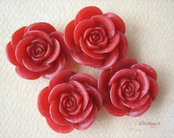 Red Roses, Resin Roses, 18mm Red Roses, 4pcs Rose Flower Cabochons, Red ...
