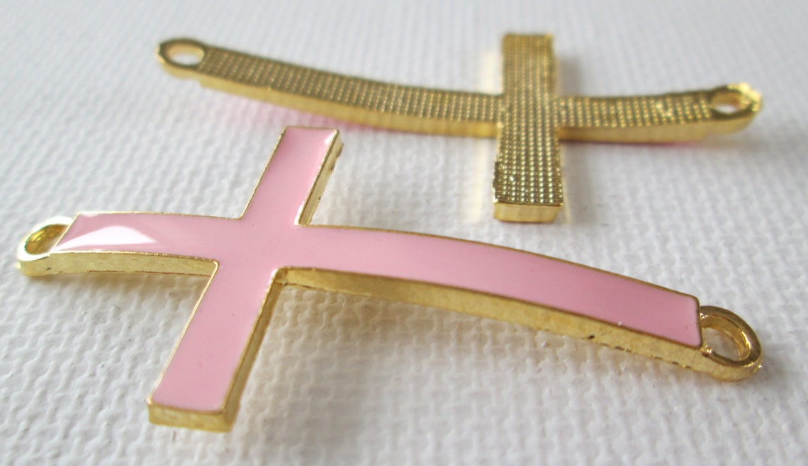 Cross Connectors, Cross Pendant, Pink Cross, Pink Enamel and Gold Toned ...