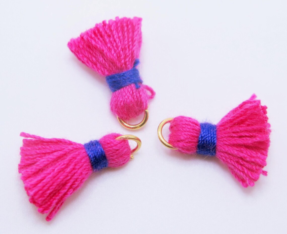 Pink Tassels With Blue Binding, Gold Plated Jump Ring Tassels, Small ...