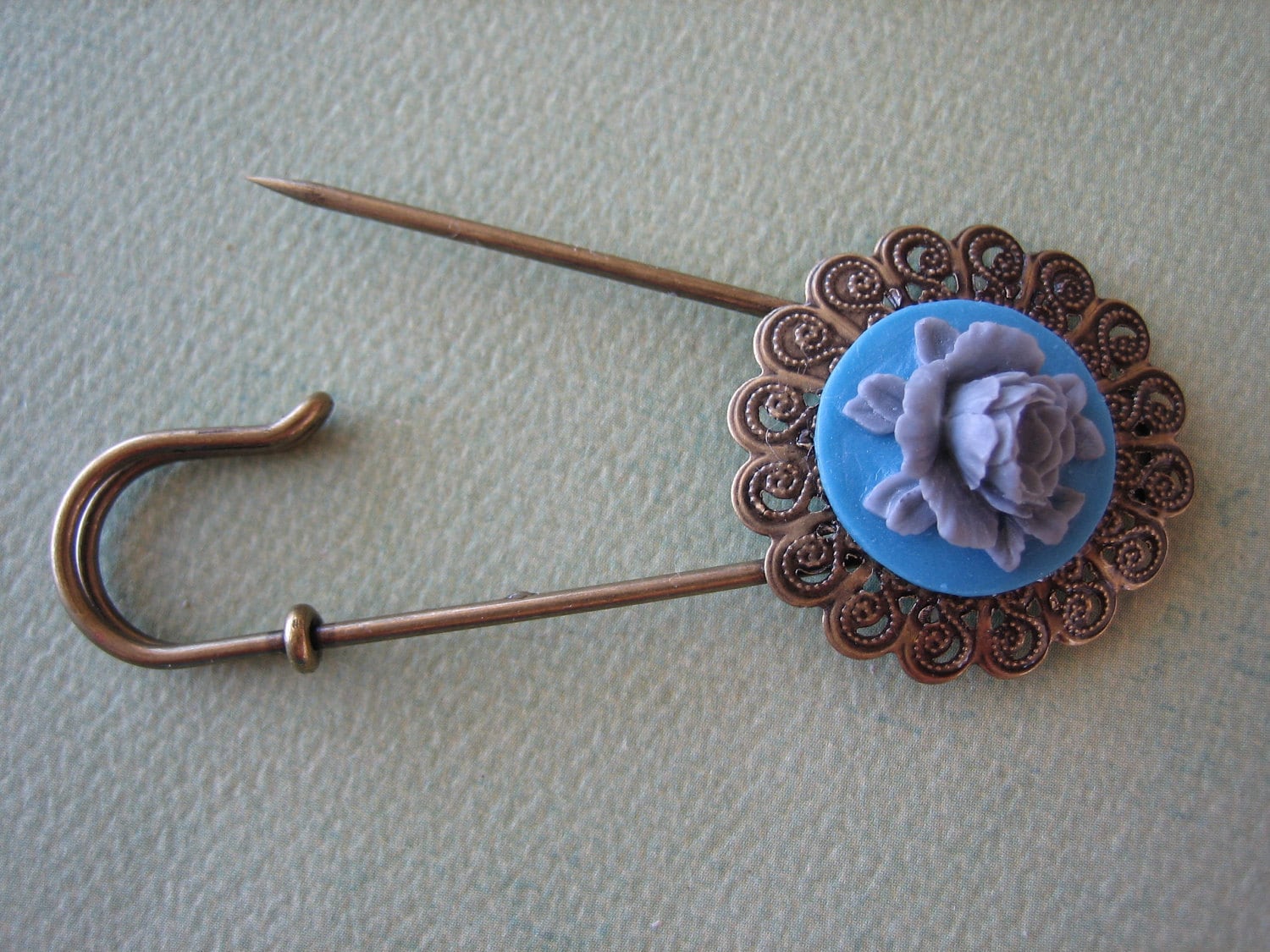 Flower Brooch Flower Pin Antique Brass Brooch Blue Rose | Etsy