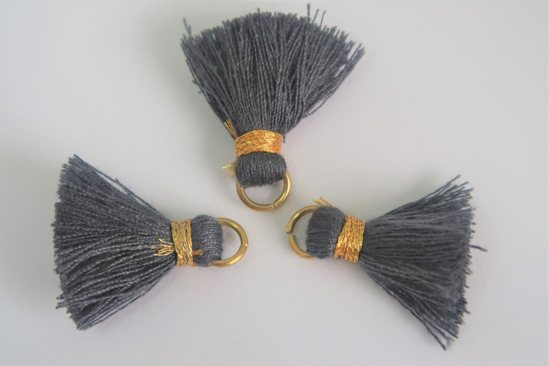 Gray Tassels, Dark Gray Cotton Tassels, Gold Toned Jump Rings and Gold Binding, 3pcs, Approx ...