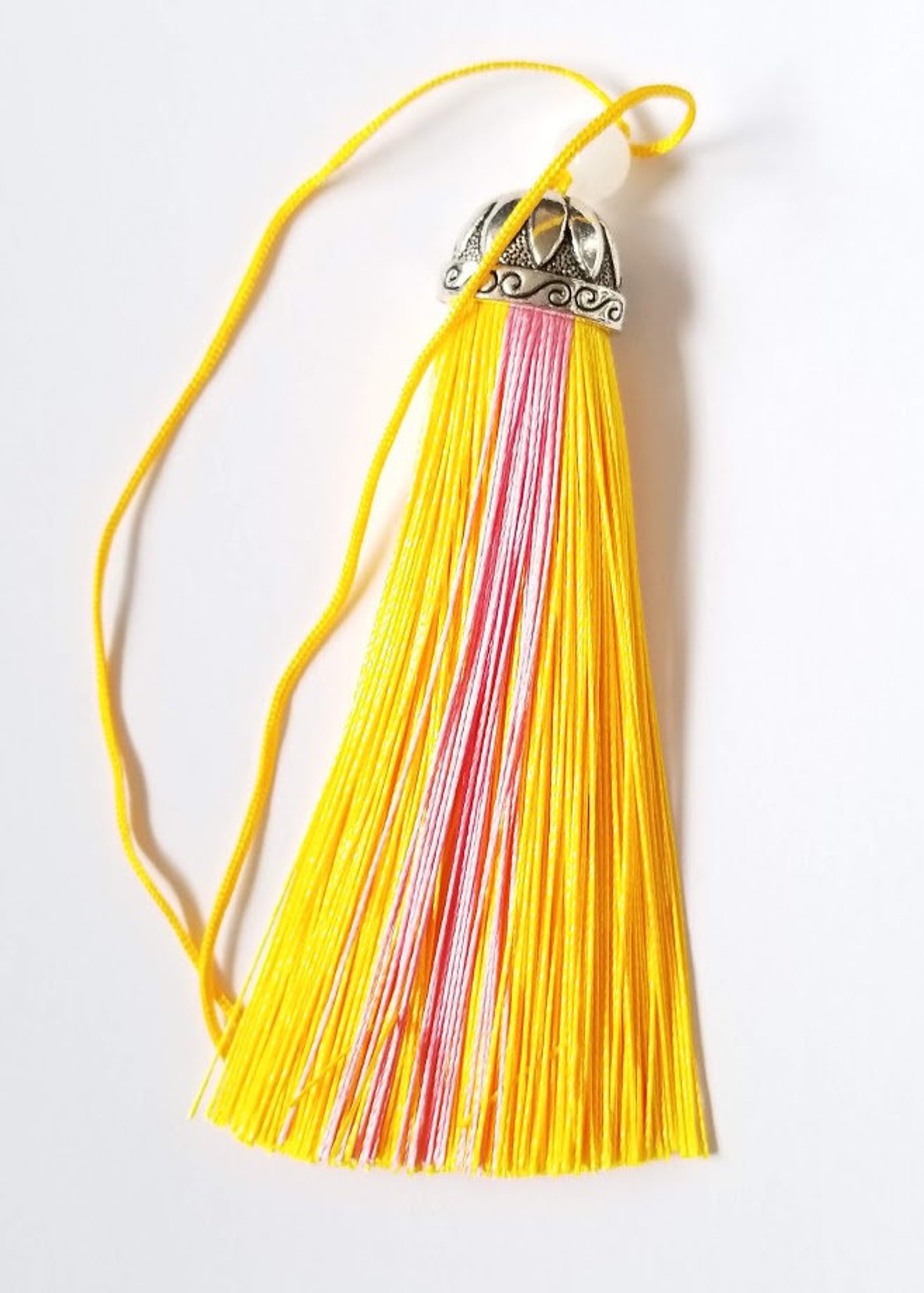 Yellow Tassel, Long Tassel, Yellow and Pink Tassel, Tassel With Cap, 4 ...