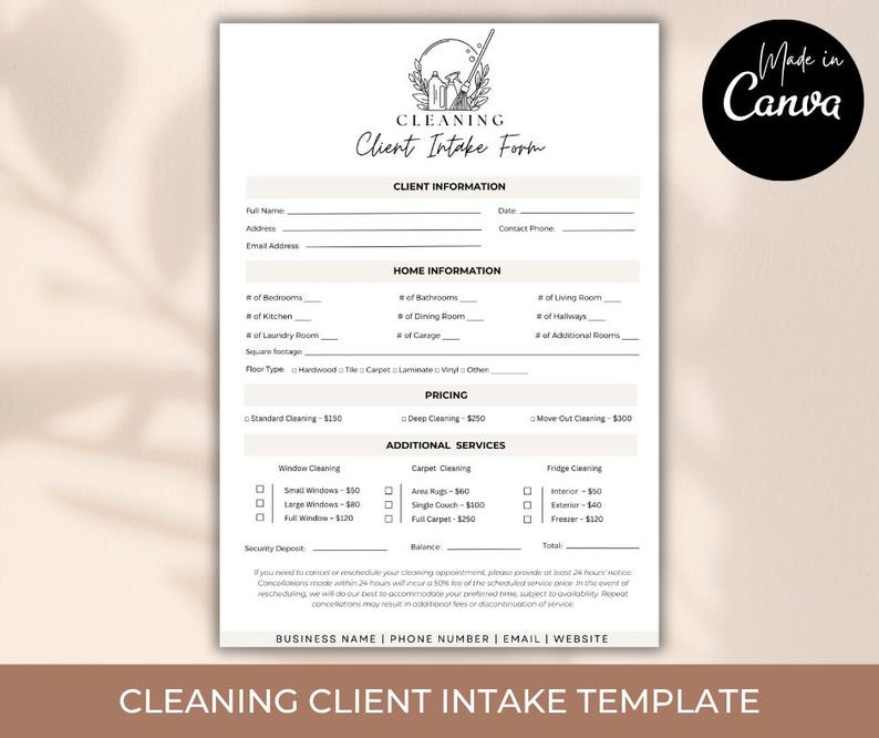 Cleaning Intake Form for Professional Residential Cleaning, House ...