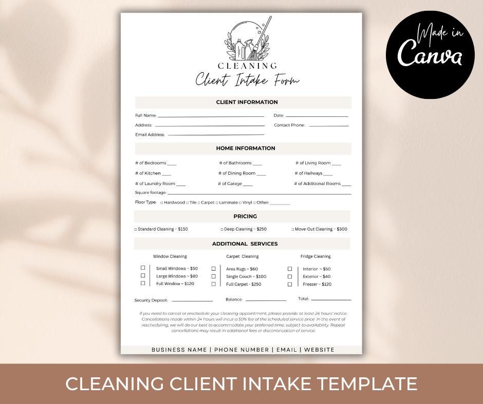 Cleaning Intake Form for Professional Residential Cleaning, House ...