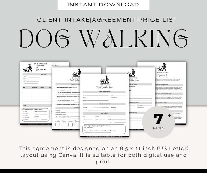 Editable Dog Walking Contract Template | Printable Pet Sitting Agreement New Client Intake Form ...