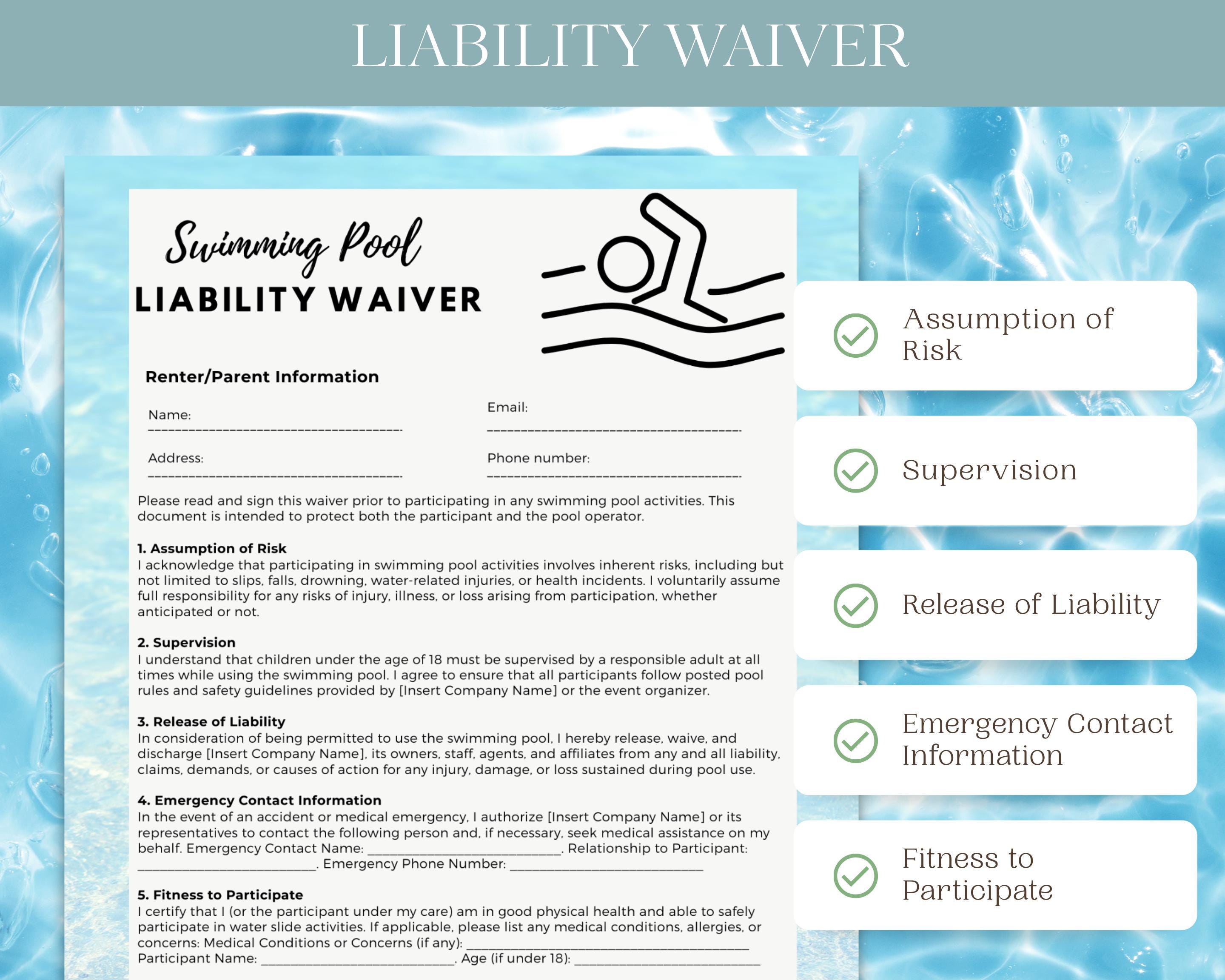 Swimming Pool Rental Agreement | Pool Party Waiver | Liability Release ...