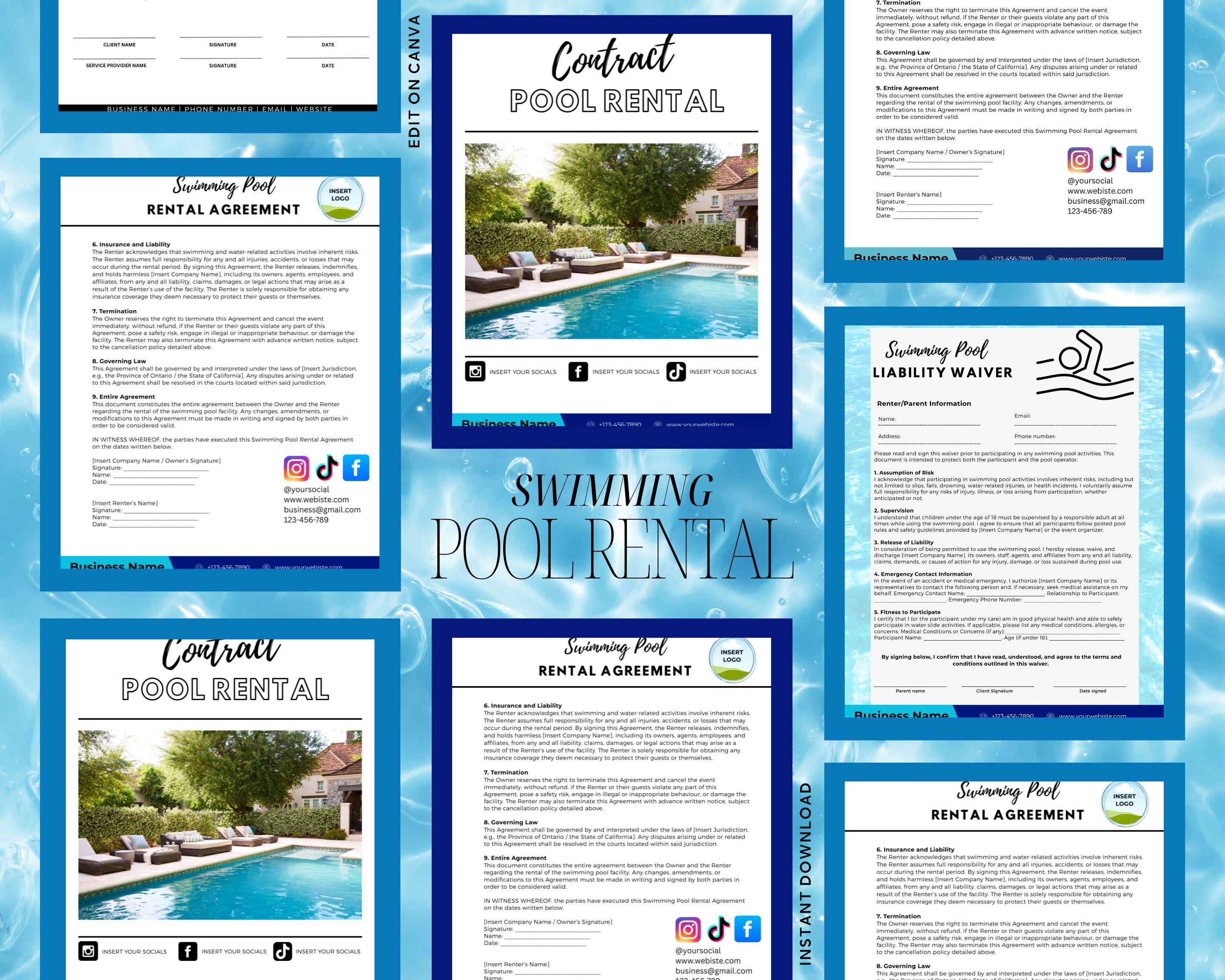 Swimming Pool Rental Agreement | Pool Party Waiver | Liability Release ...