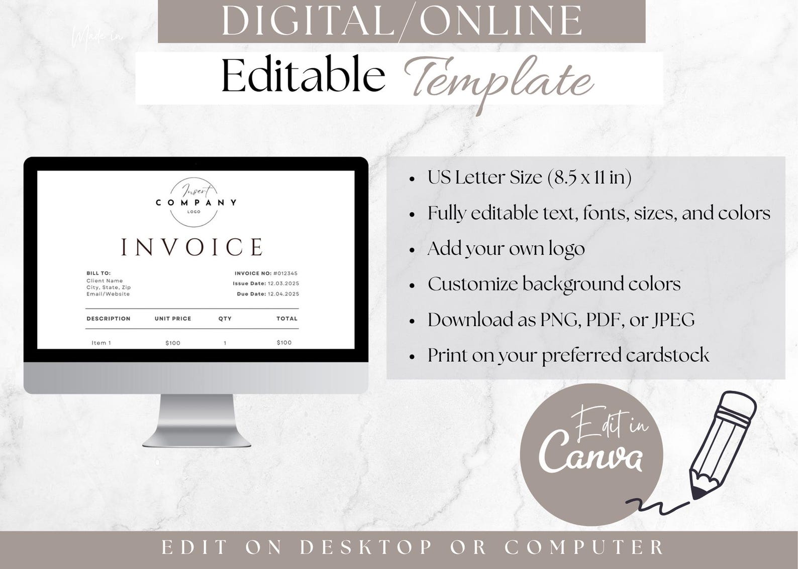Editable Invoice Template | Custom Order Form for Small Business ...