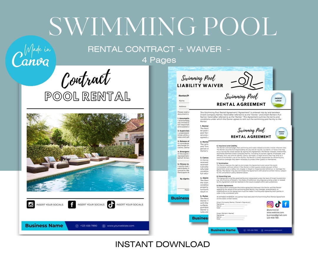 Swimming Pool Rental Agreement | Pool Party Waiver | Liability Release ...