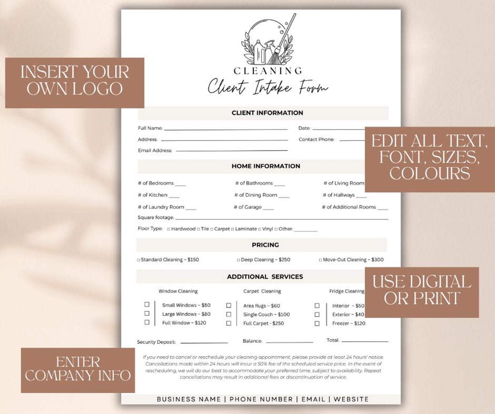 Cleaning Intake Form for Professional Residential Cleaning, House ...