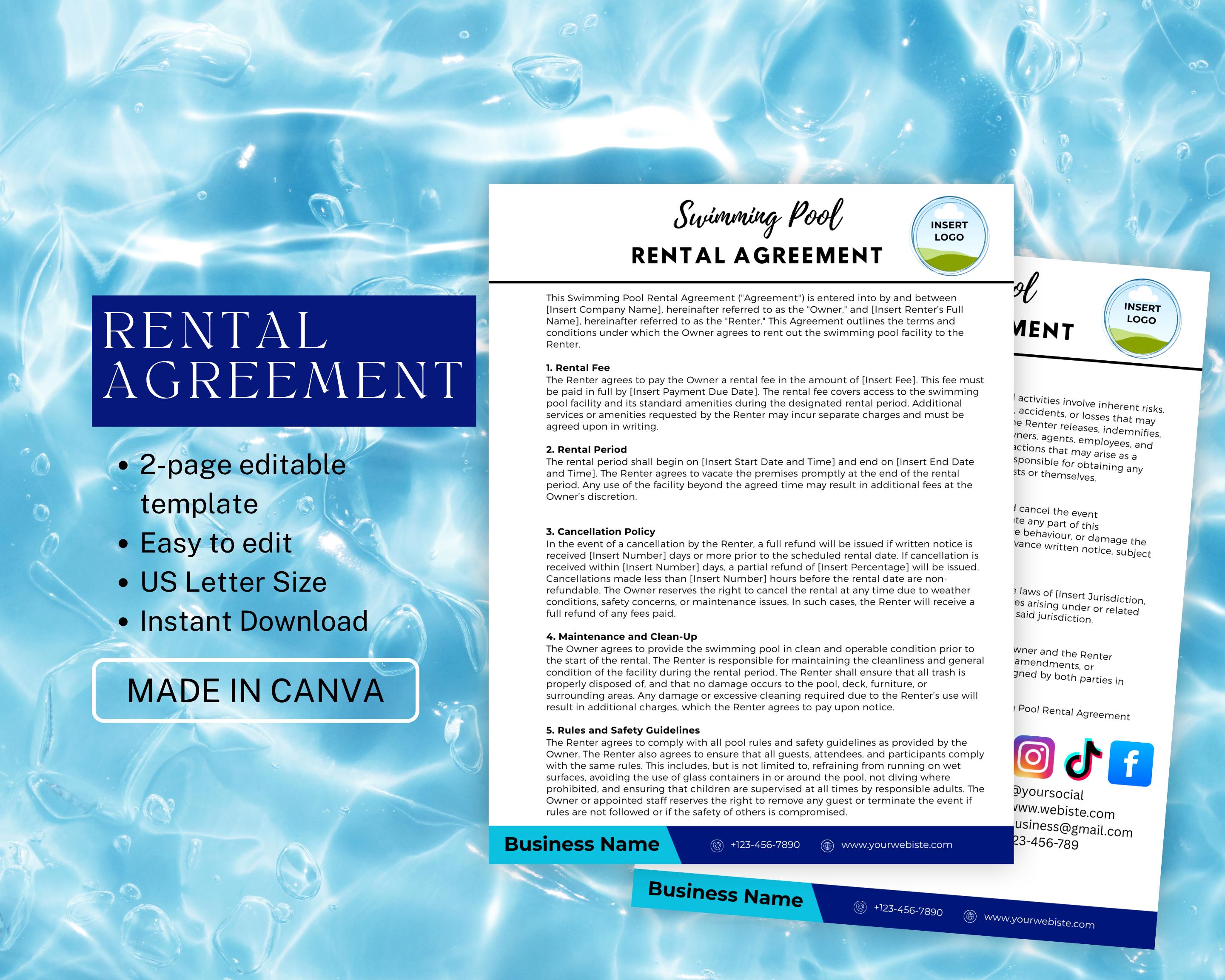 Swimming Pool Rental Agreement | Pool Party Waiver | Liability Release ...
