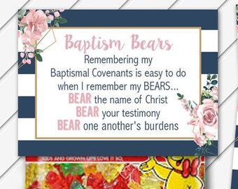 LDS Baptism Bears Tag, 2.5x3.5 Card, Digital Printable, Blush Pink and ...