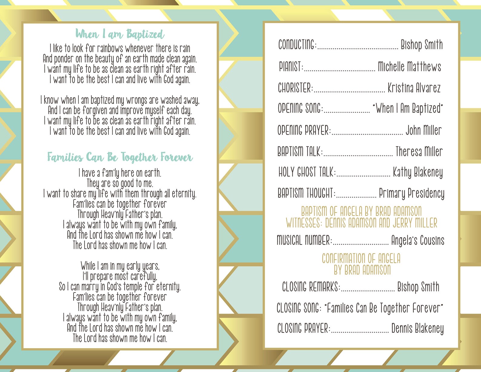 LDS Baptism Program Aqua and Gold Foil Itinerary 8.5x11 Fold in Half ...