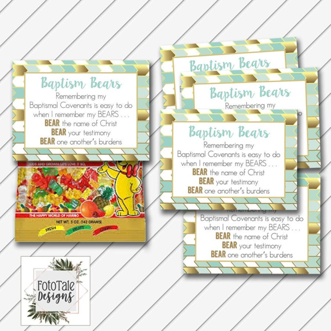 LDS Baptism Bears Tag, 2.5x3.5 Card, Digital Printable, Aqua Blue and ...