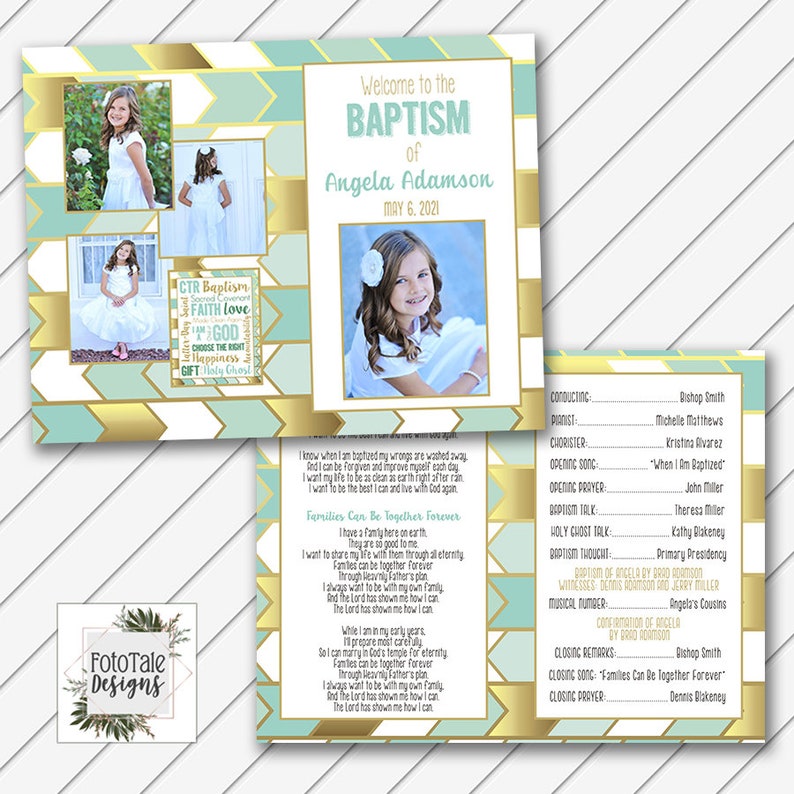 LDS Baptism Program - Aqua and Gold Foil - Itinerary - 8.5x11 - Fold in ...