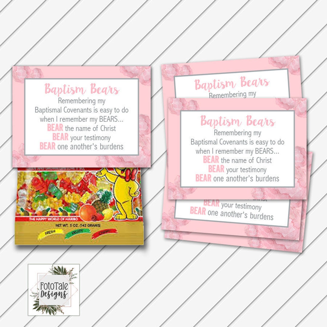 LDS Baptism Bears Tag, 2.5x3.5 Card, Digital Printable, Blush Pink and ...